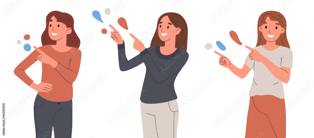 Women pointing to something. Female characters indicating and pointing ...