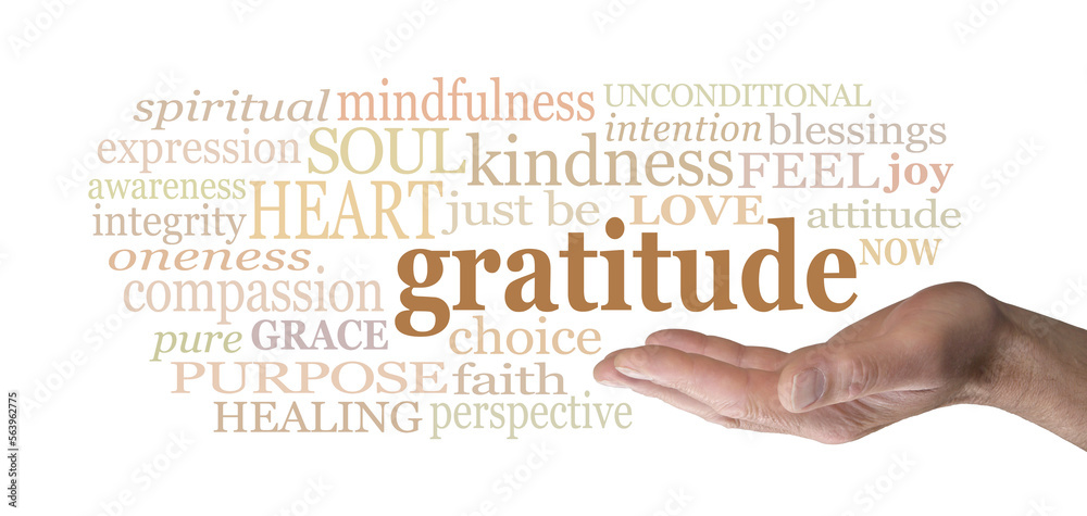 Male open hand palm upwards with GRATITUDE word cloud floating above ...