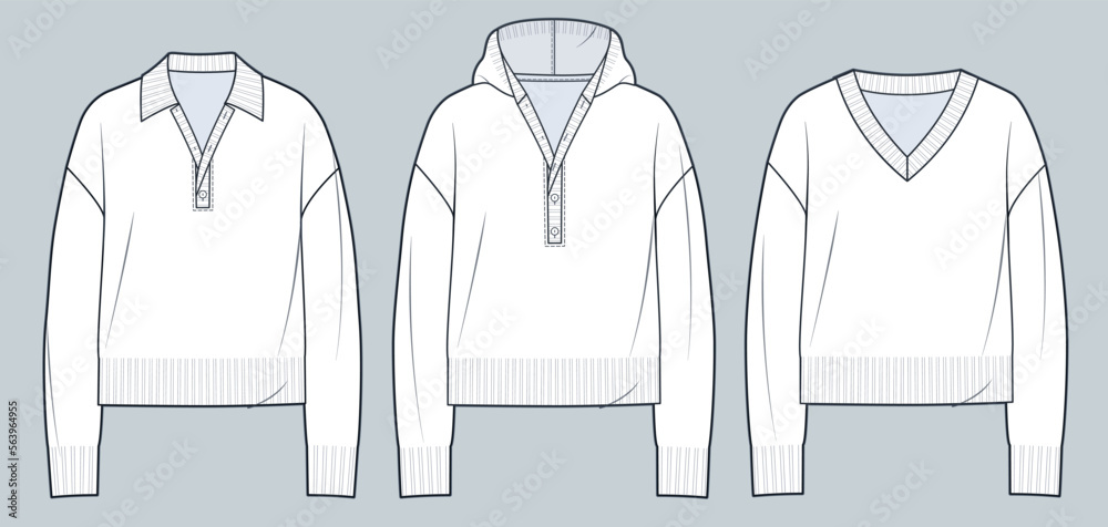 Set of Sweaters, Jumpers technical fashion illustration. Sweatshirt ...