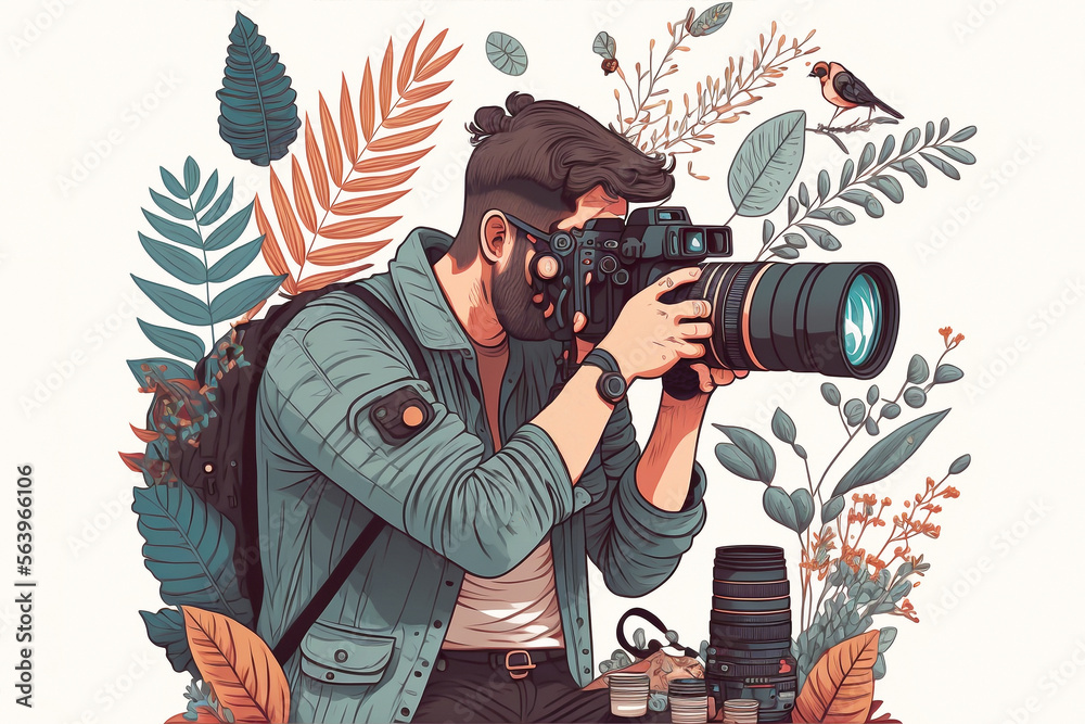 Cartoon style illustrator of a photographer at work - AI generative ...