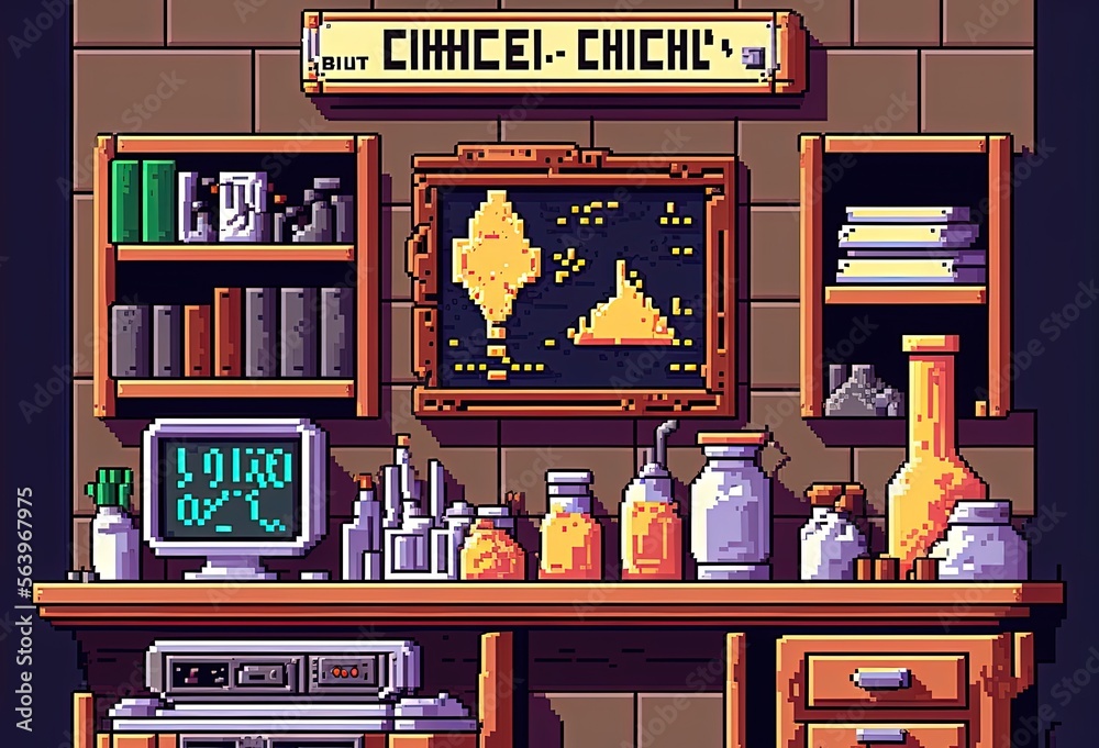 ภาพประกอบสต็อก Pixel art science lab, chemistry lab, background in ...