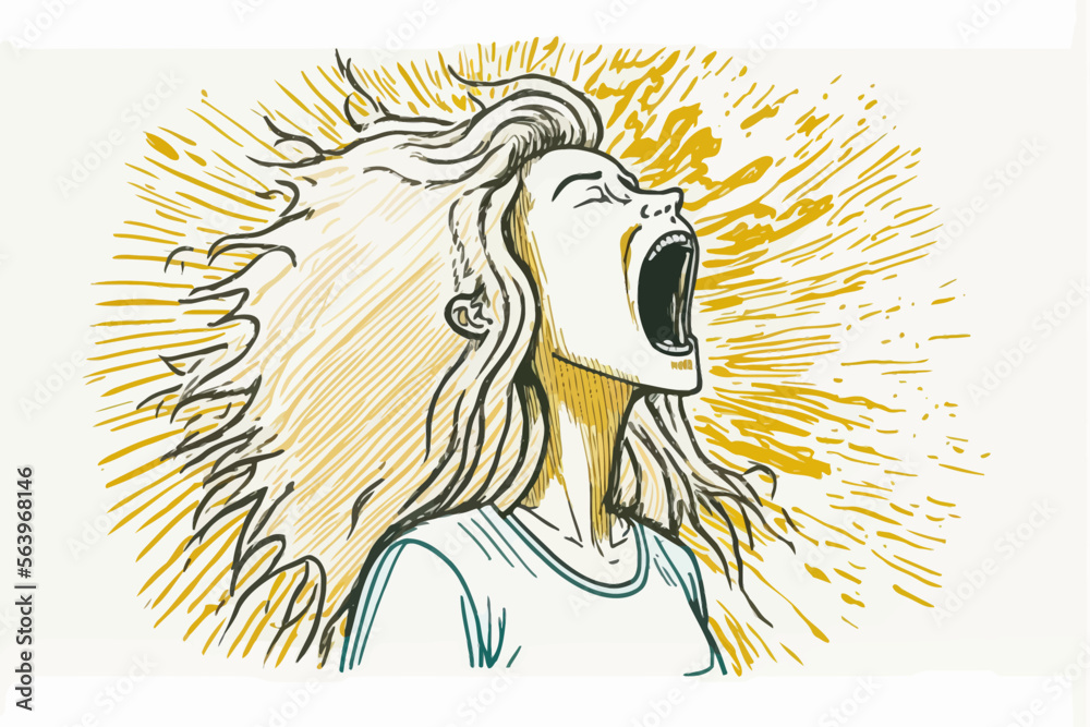 Woman full of rage howling like a real lioness, mouth open. She ...