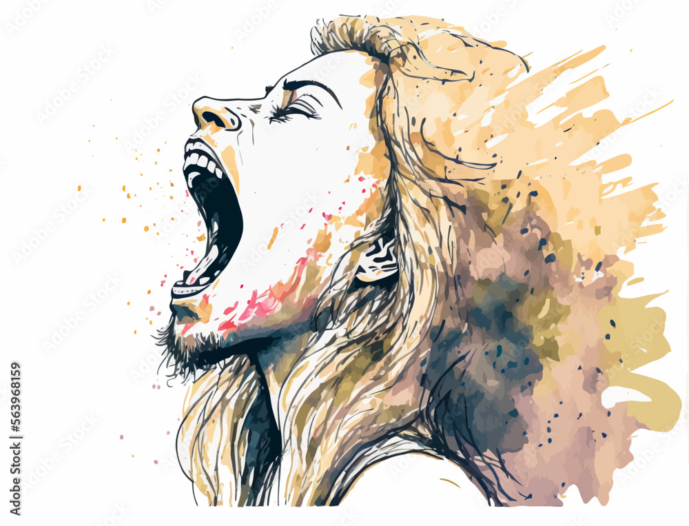 Portrait of a woman expressing intense emotions with a lion-like howl ...