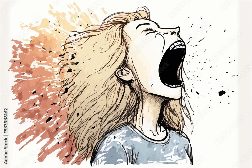 Powerful woman letting out a primal roar, her frustration and anger ...