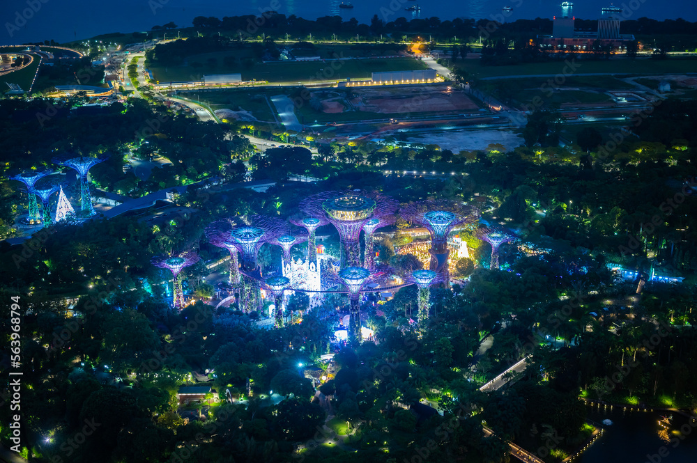 Singapore City, Singapore - dec 27, 2022: Aerial top view of super tree ...