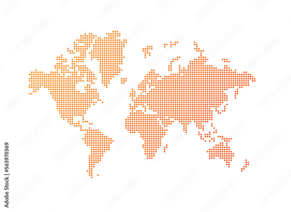 Illustration of an orange world map made of dots on a transparent ...