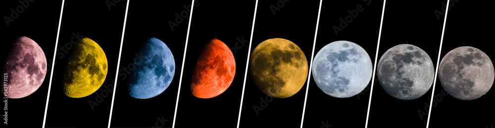 Lunar collage of different stages of the moon in the night sky. All the ...