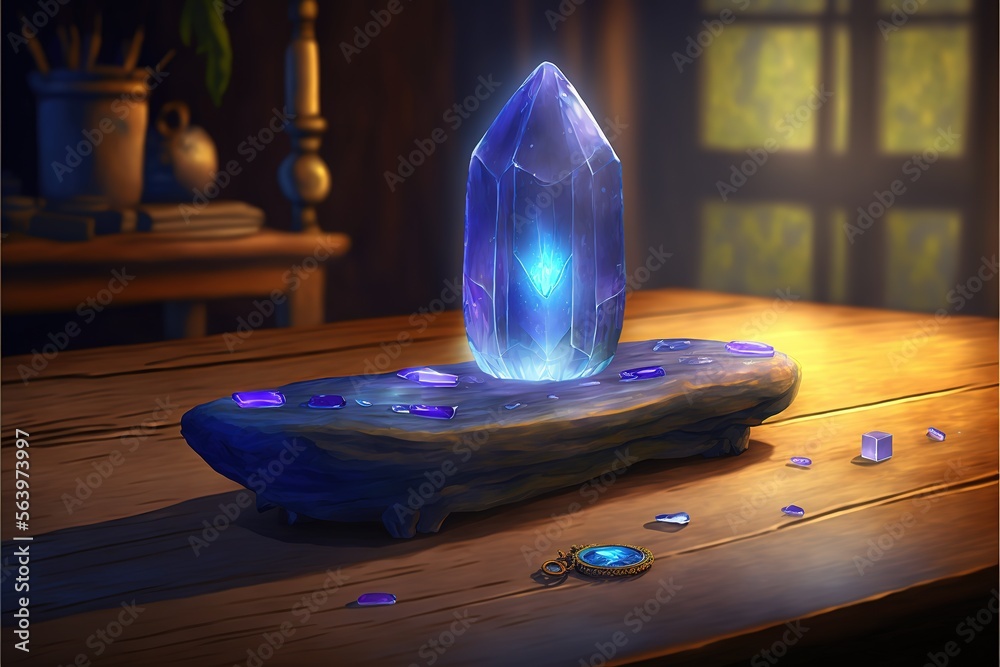 beautiful glowing crystal prismatic amulet laying on the table in a ...