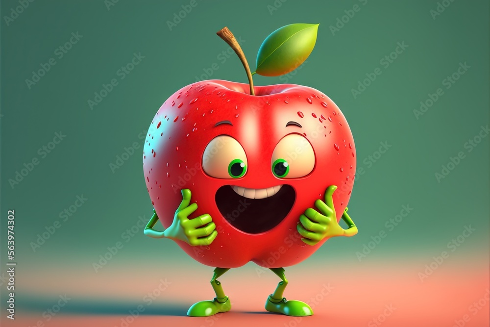 Apple Antropomorphic cute cartoon illustration 3D stile generative art ...