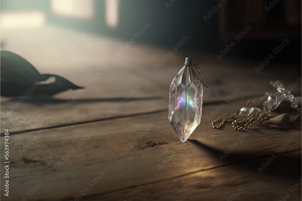 beautiful glowing crystal prismatic amulet laying on the table in a ...