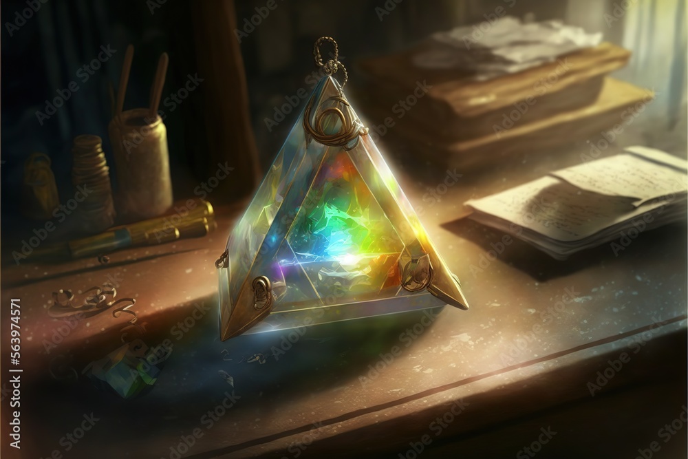 beautiful glowing crystal prismatic amulet laying on the table in a ...