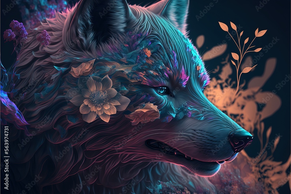 portrait fantastique de loup magique aux motifs naturels floraux Stock ...
