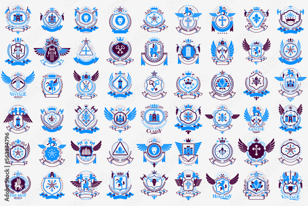 Classic style emblems big set, ancient heraldic symbols awards and ...