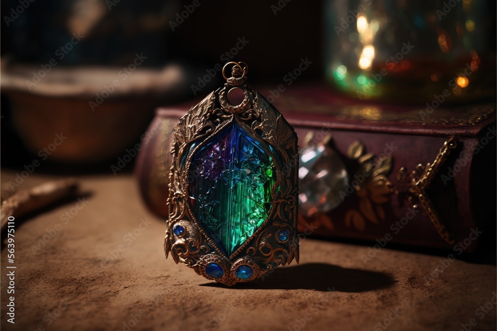 beautiful glowing crystal prismatic amulet laying on the table in a ...