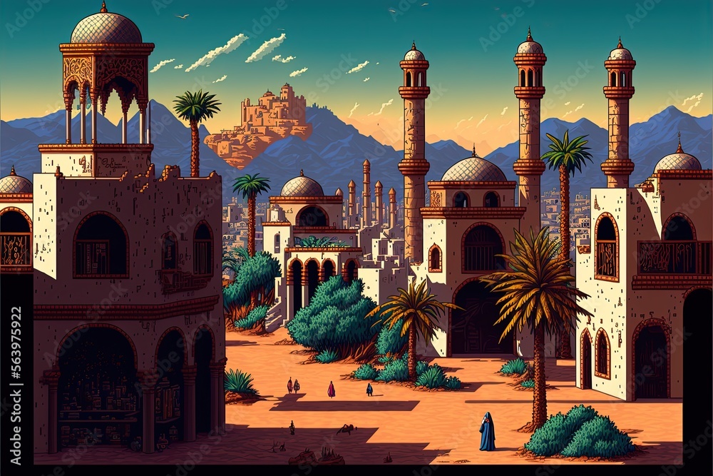 Pixel art ancient Arabic city, city in the desert with buildings and ...