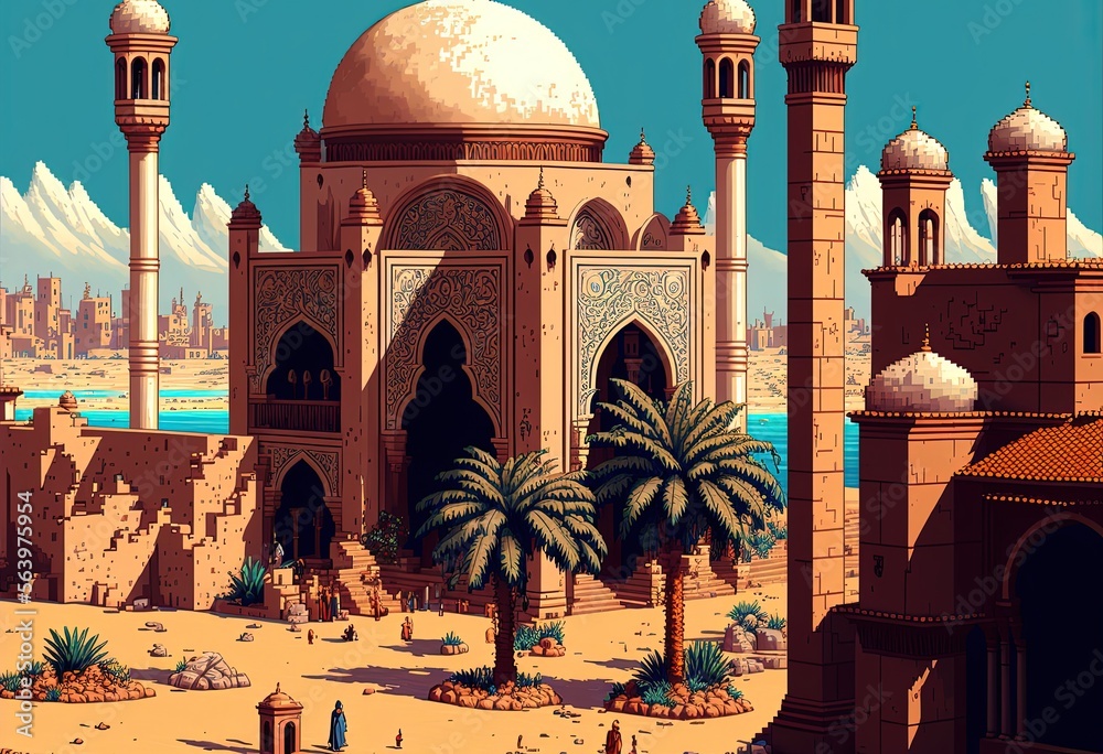 Pixel art ancient Arabic city, city in the desert with buildings and ...