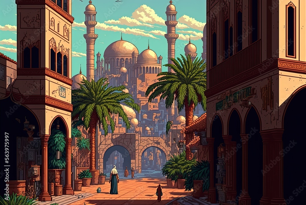 Pixel art ancient Arabic city, city in the desert with buildings and ...