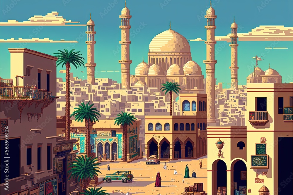 Pixel art ancient Arabic city, city in the desert with buildings and ...