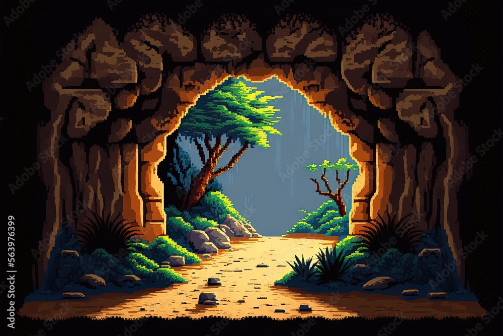 Pixel art cave entrance, natural tunnel with rocks, trees and ...