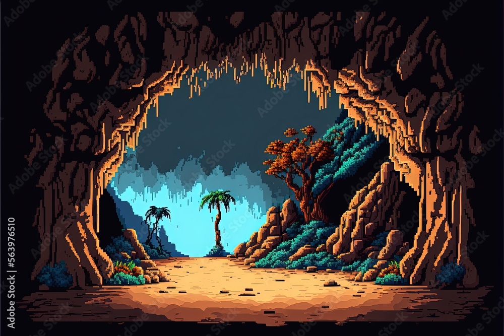 Pixel art cave entrance, natural tunnel with rocks, trees and ...