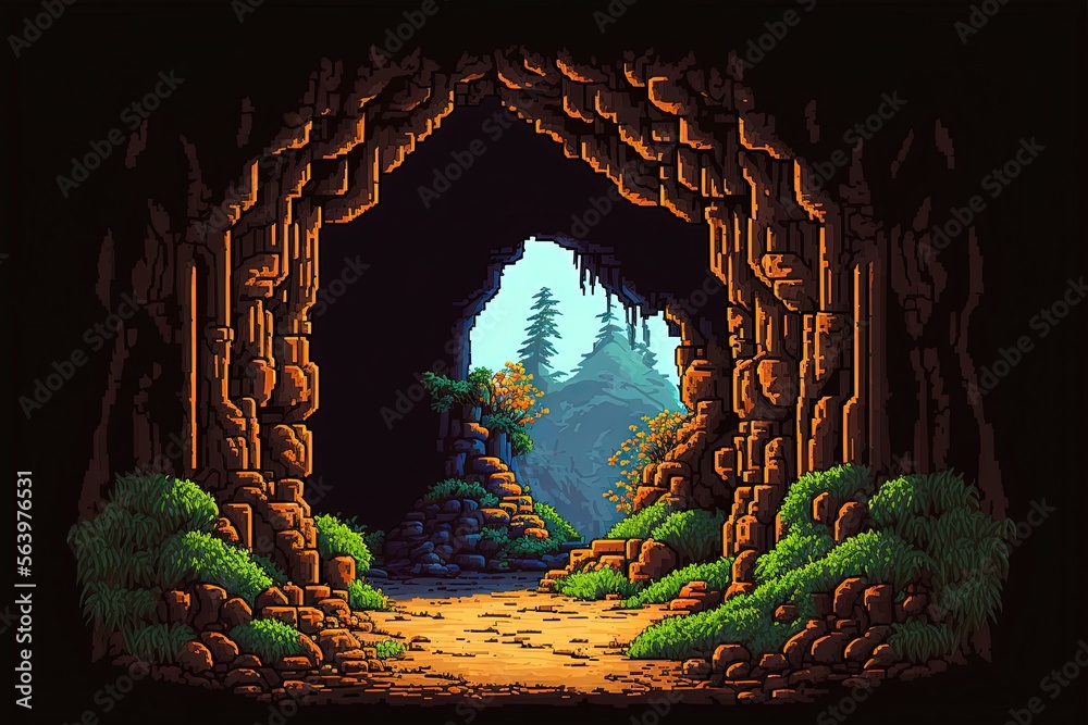 Pixel art cave entrance, natural tunnel with rocks, trees and ...