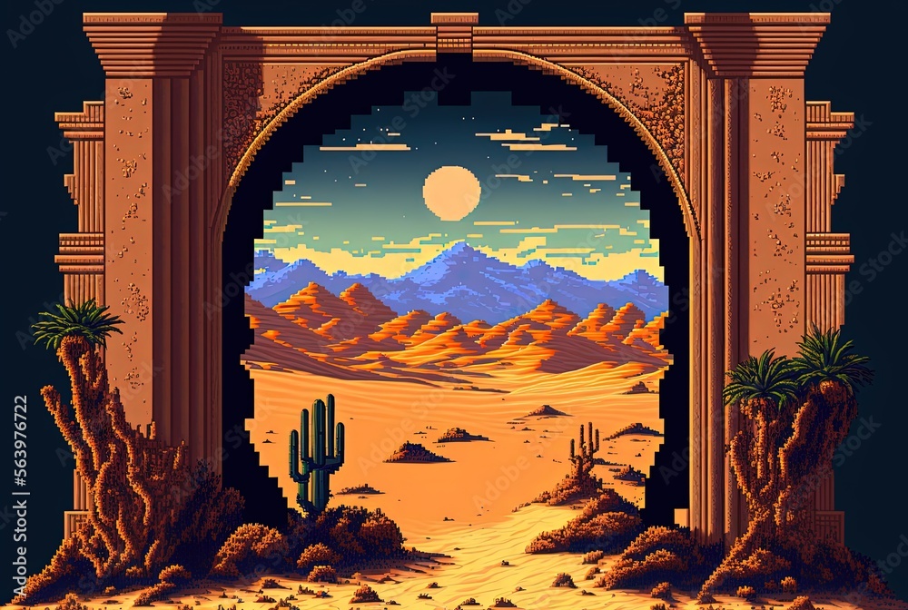 Pixel art magic portal in desert, portal to fantasy dimension ...