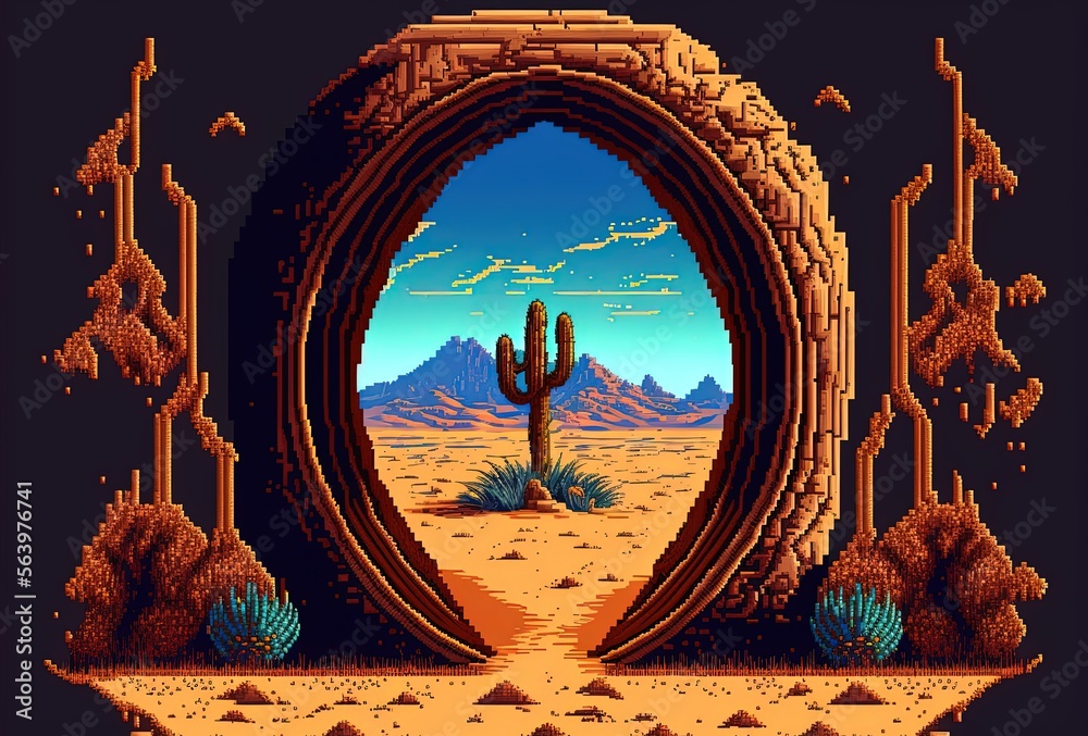 Pixel art magic portal in desert, door to fantasy dimension, background ...