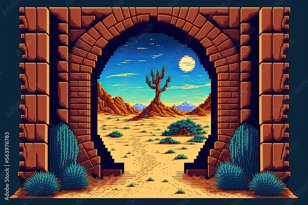 Pixel art magic portal in desert, door to fantasy dimension, background ...