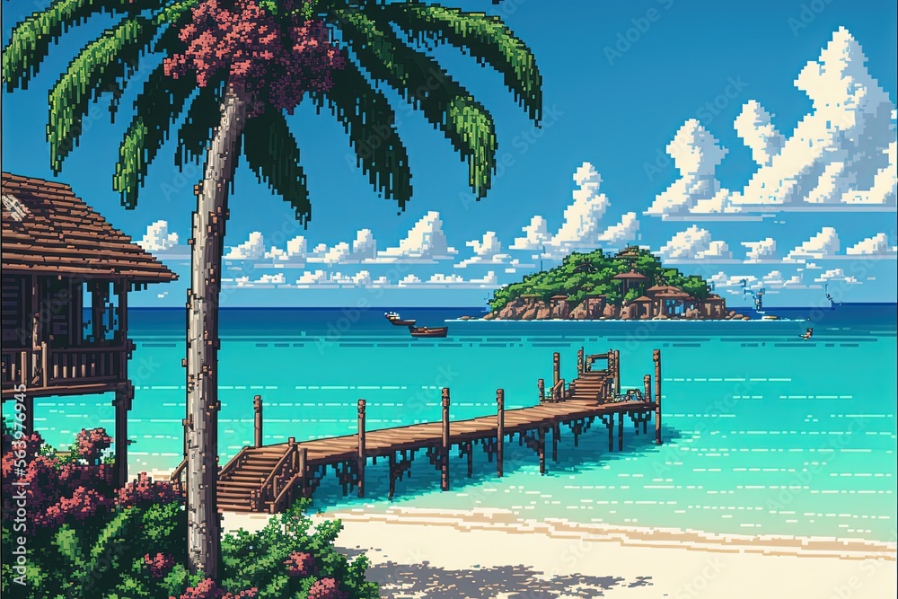 Pixel art paradise island resort, beach bungalow, landscape in retro ...