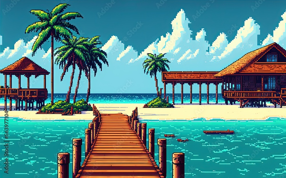 Pixel art paradise island resort, beach bungalow, landscape in retro ...
