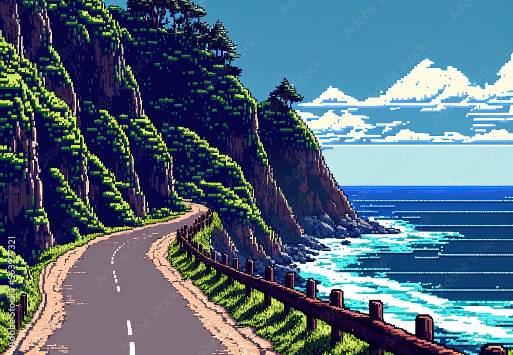 Pixel art highway on hillside near sea, road on the coast, landscape in ...