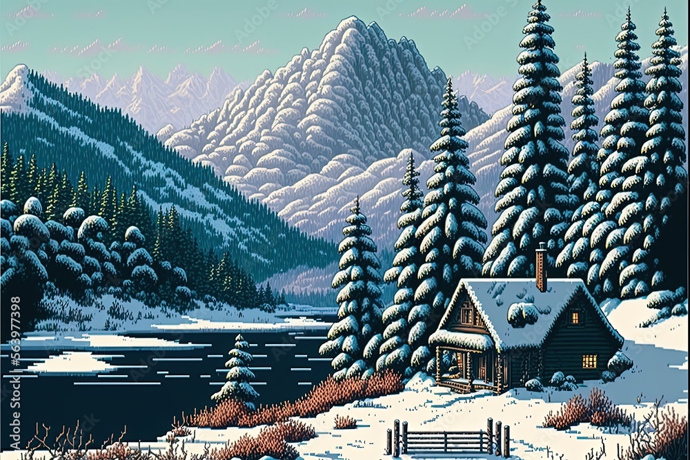 Pixel art landscape of Switzerland in winter with house, pine trees and ...