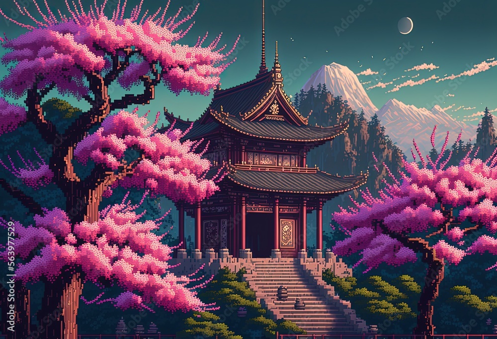 Pixel art Chinese temple and cherry trees in the mountains, landscape ...