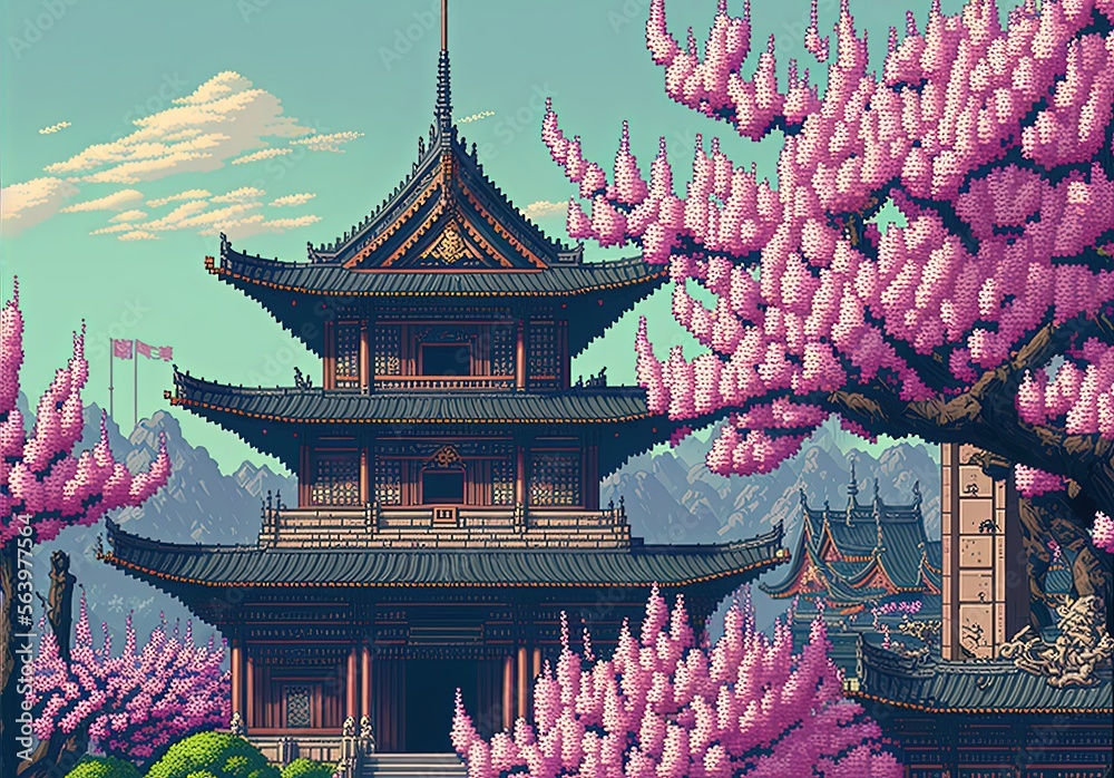 Pixel art Chinese temple and cherry trees in the mountains, landscape ...