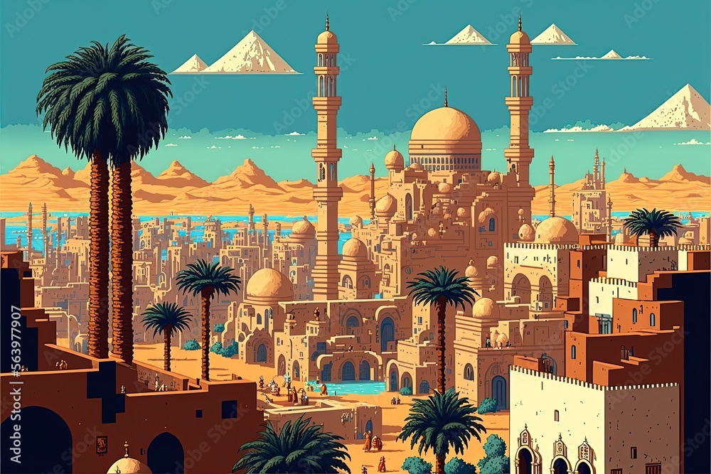 Pixel art ancient Arabic city, city in the desert with buildings and ...