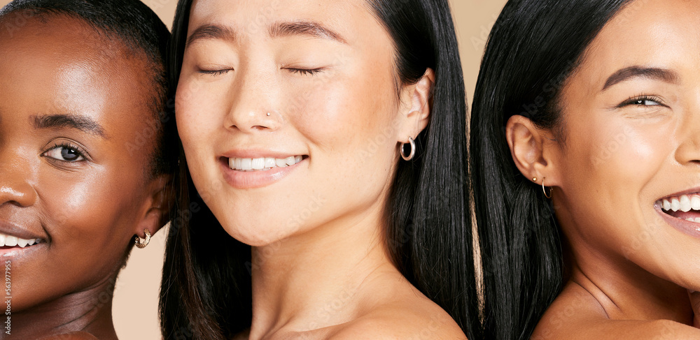 Skincare, beauty and diversity, happy faces of women and smile on salon ...