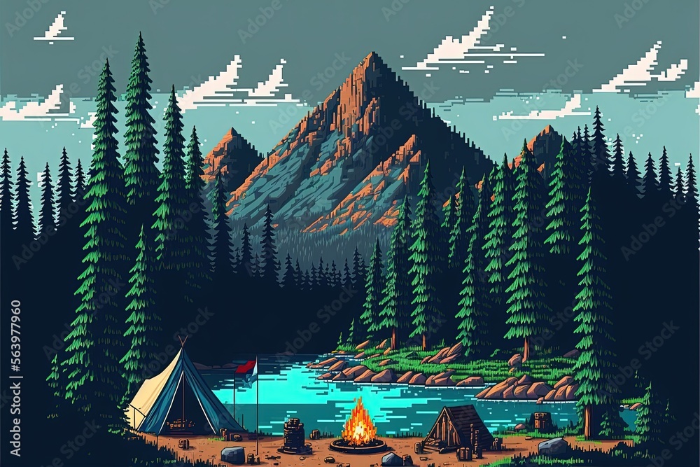 Pixel art camping with tents and bonfires, camping in the forest with ...