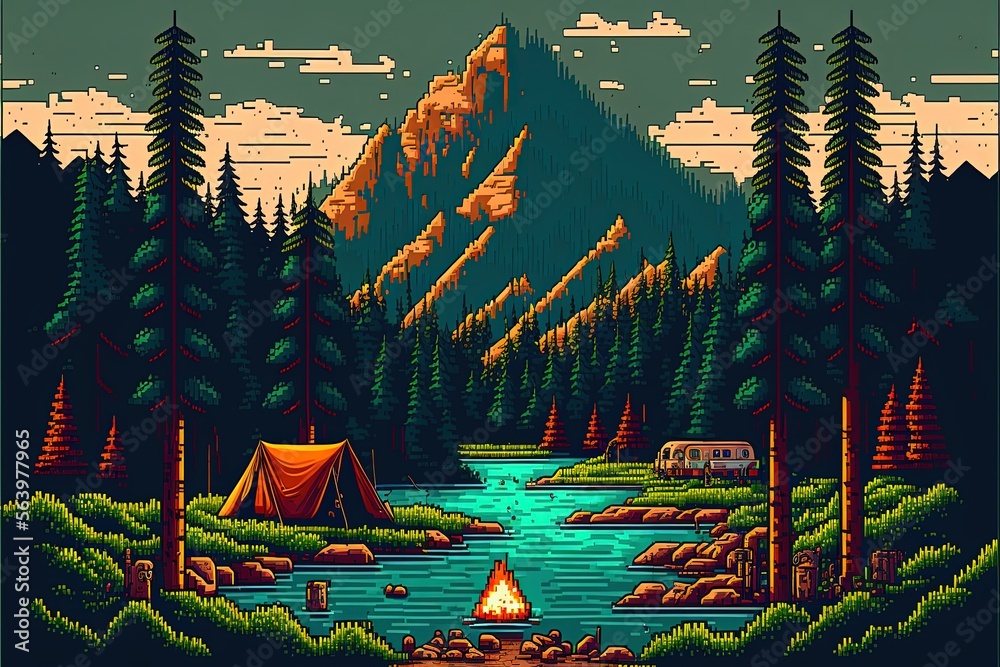 Pixel art camping with tents and bonfires, camping in the forest with ...