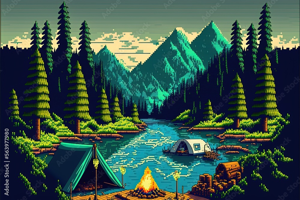 Pixel art camping with tents and bonfires, camping in the forest with ...