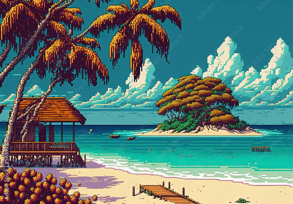 Pixel art paradise island resort, beach bungalow, landscape in retro ...