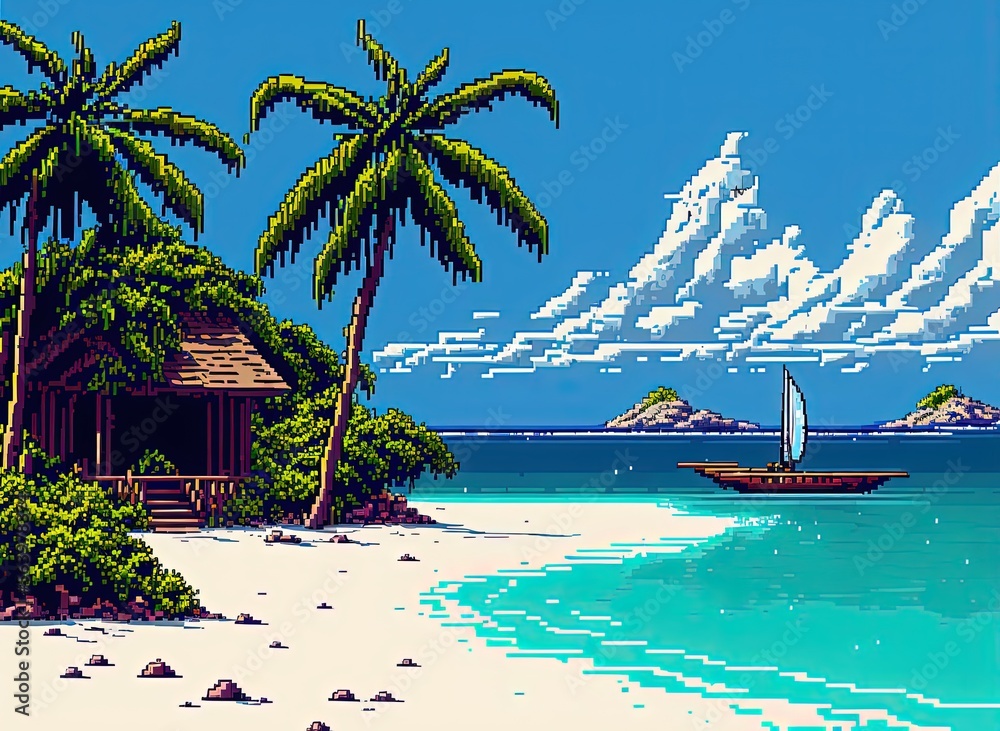 Pixel art paradise island resort, beach bungalow, landscape in retro ...