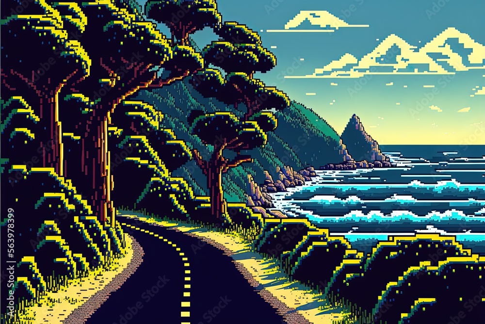 Pixel art highway on hillside near sea, road on the coast, landscape in ...