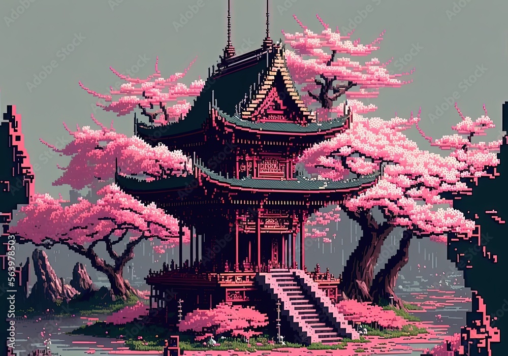 Pixel art Chinese temple and cherry trees in the mountains, landscape ...