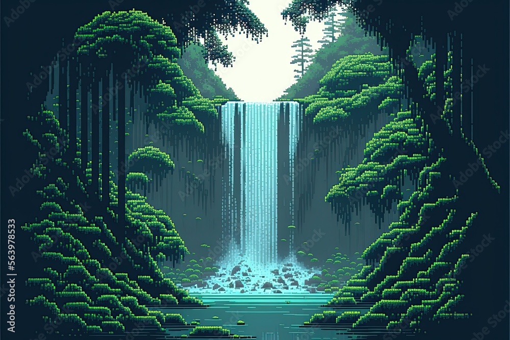Pixel art waterfall in the forest, landscape in retro style for 8 bit ...
