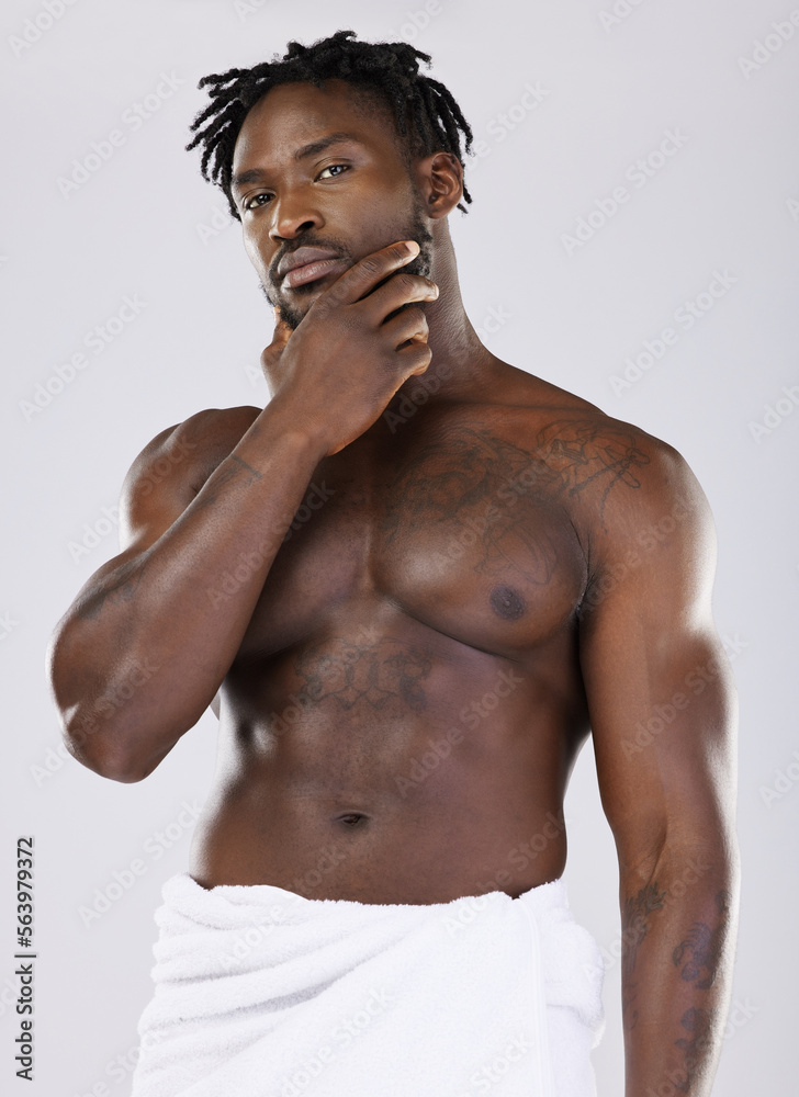 Skin, black man in towel and muscle in portrait, shower with hygiene ...