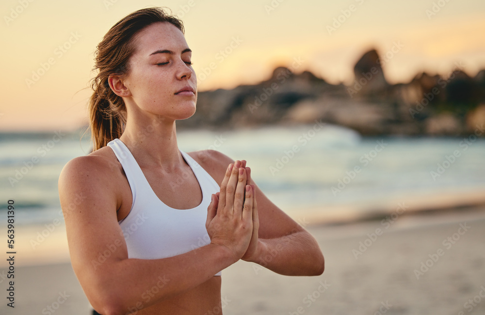 Meditation, yoga prayer hands and woman at beach outdoors for health or ...