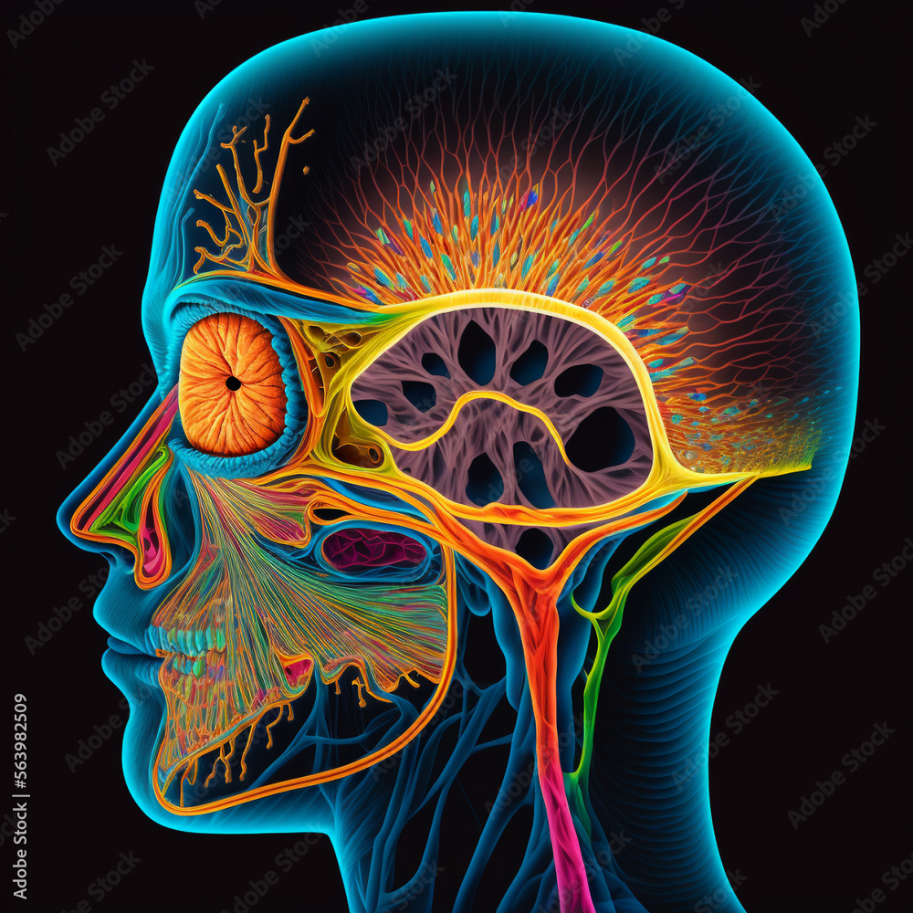 Human head scan with fictional organ details: muscles, blood vessels ...