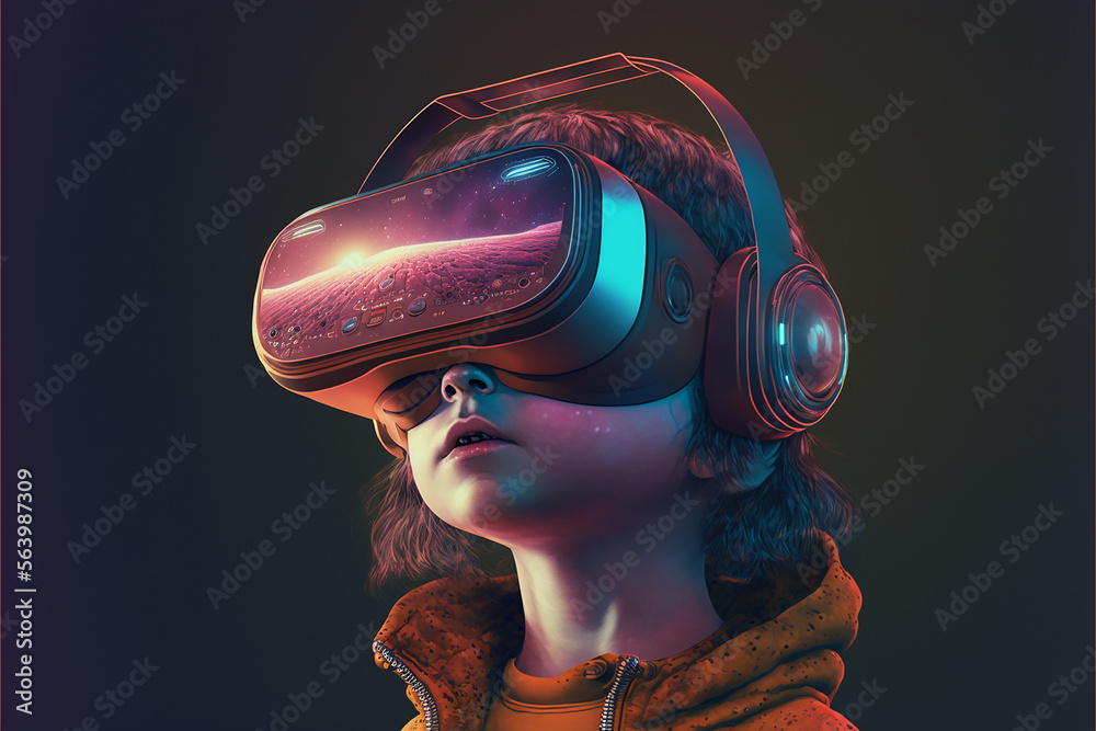 Kids and Metaverse, Child with VR headset in fantasy world, cyber world ...