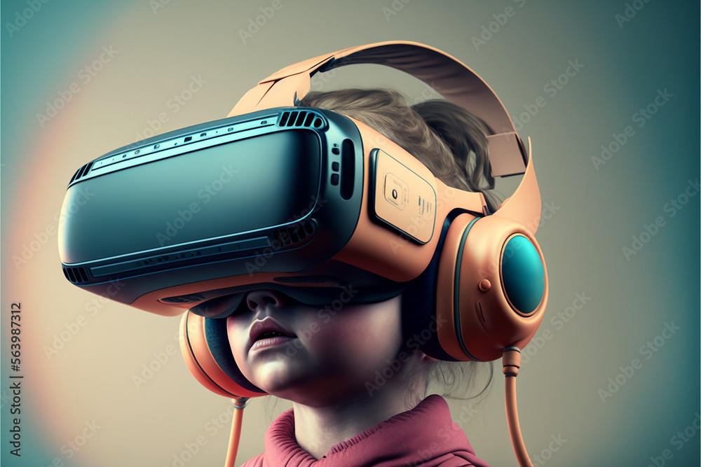 Kids and Metaverse, Child with VR headset in fantasy world, cyber world ...
