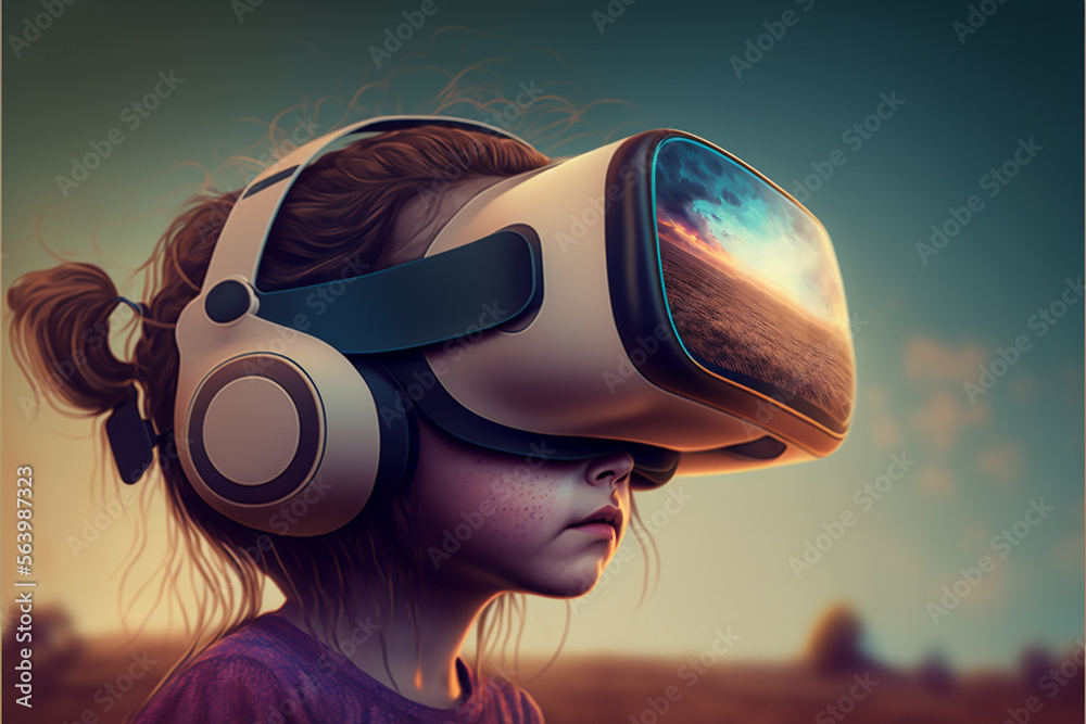 Kids and Metaverse, Child with VR headset in fantasy world, cyber world ...